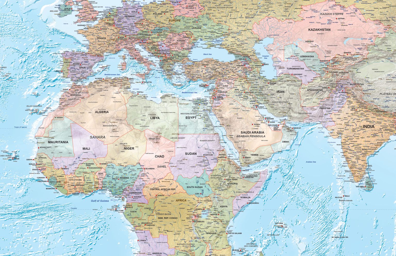Political World Map - Height relief Large - EPS & JPG - 1271 - The ...
